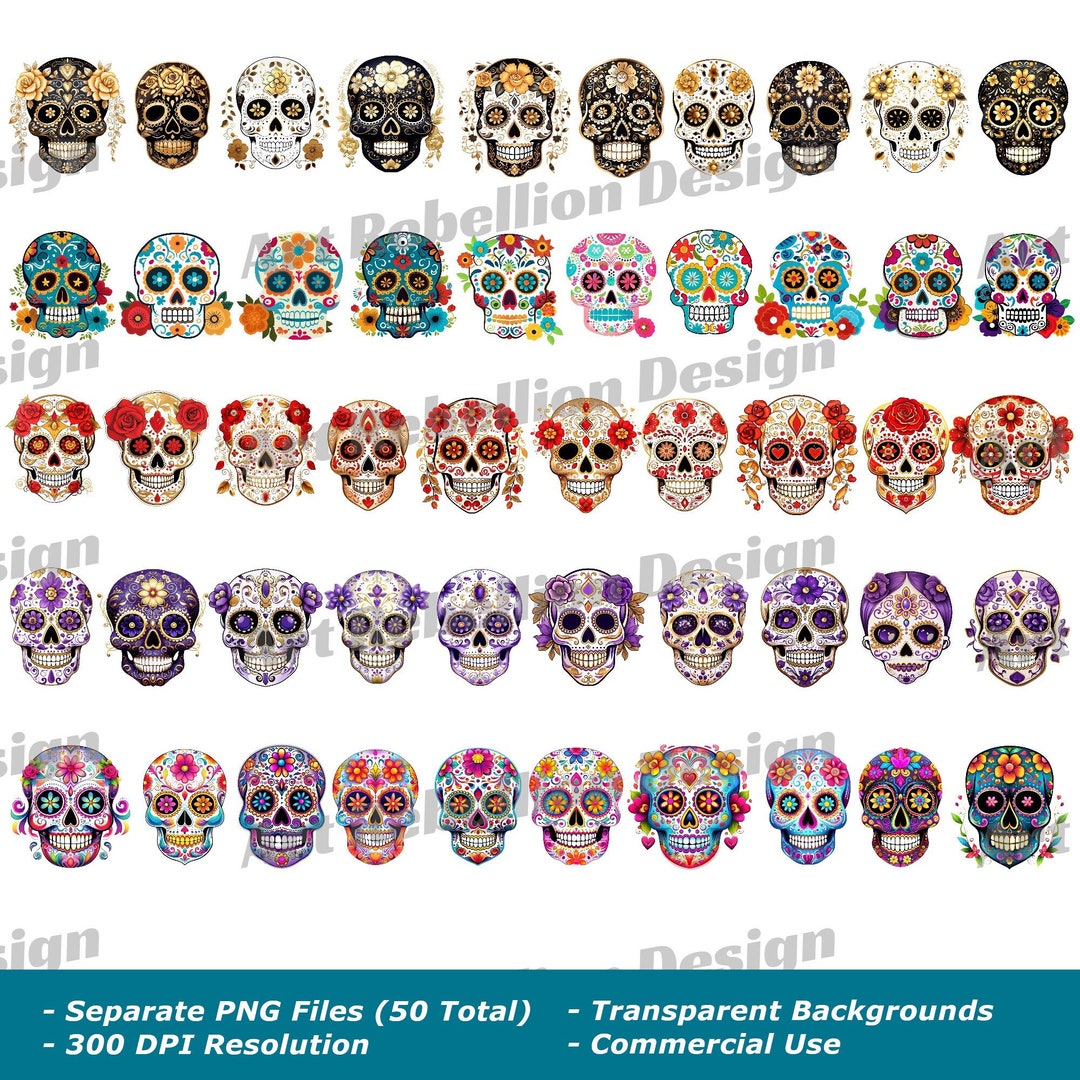 Sugar Skull Collection Clipart - 50 Cute Sugar Skull Clip Art in PNG ...