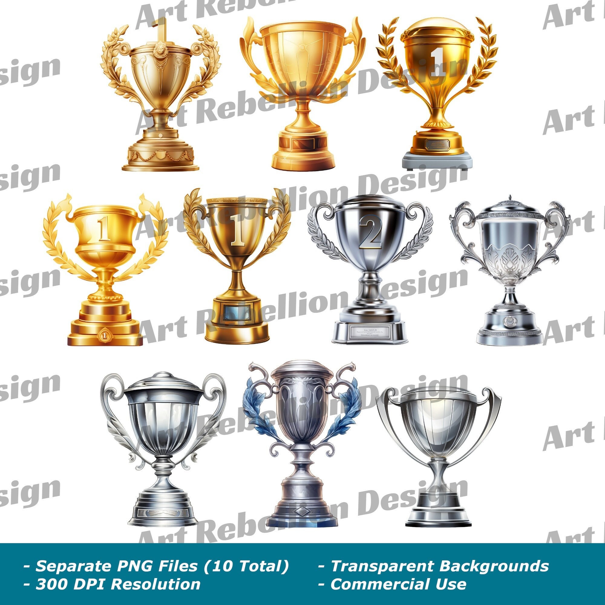 Gold and Silver Trophy Clipart - Award Clip Art in PNG - Instant ...