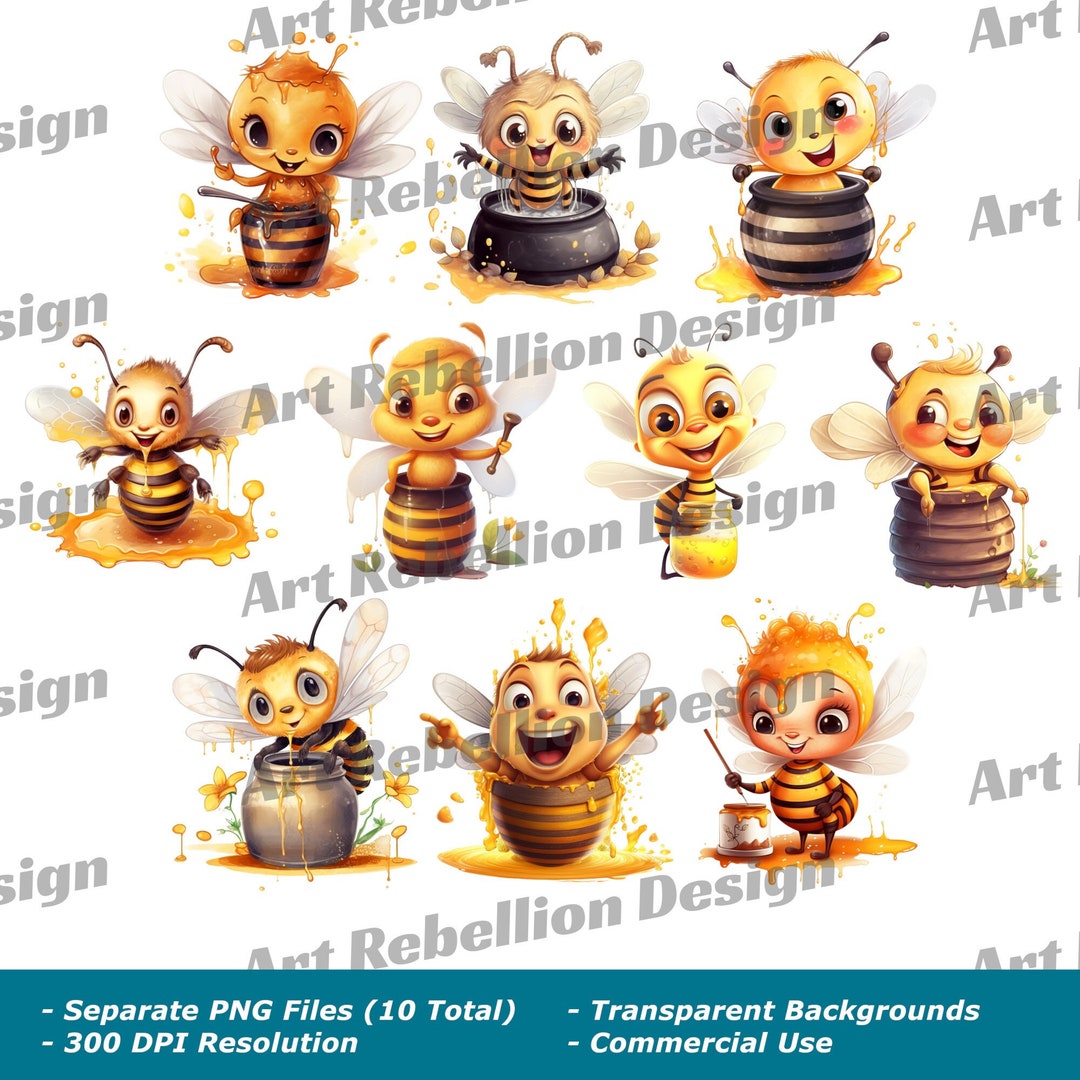 Cute Honey Bee Clipart - Cute Bee Clip Art in PNG - Instant Download ...