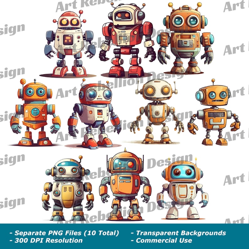 Retro Robot Clipart - Cute Vintage Robot Clip Art in PNG - Instant ...