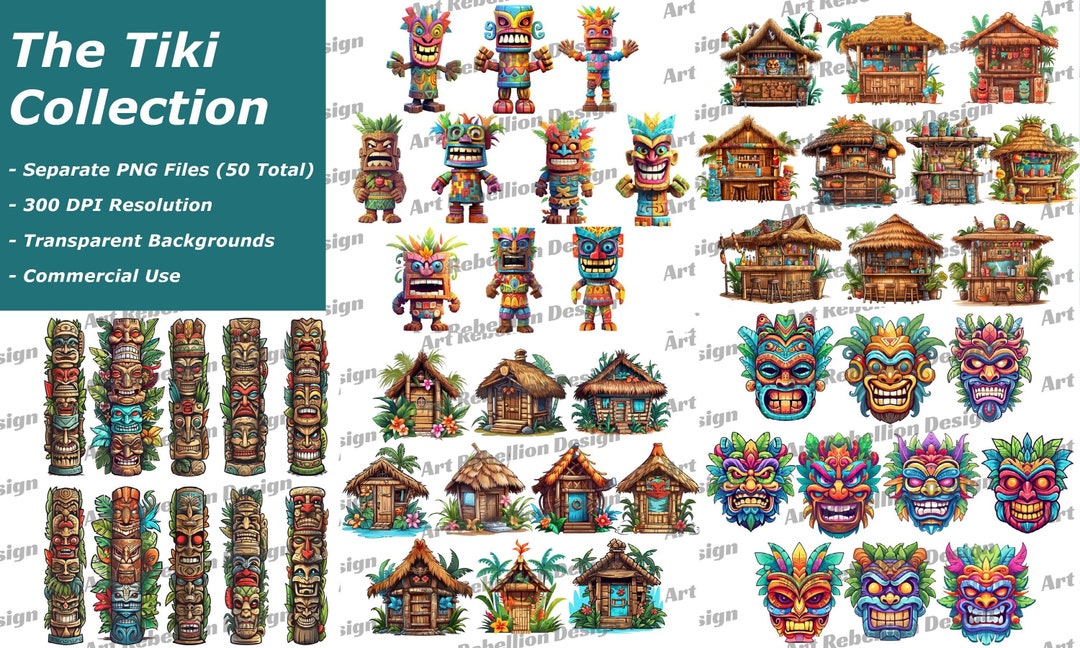 The Tiki Collection Clipart - 50 Cute Tiki Clip Art in PNG - Instant ...
