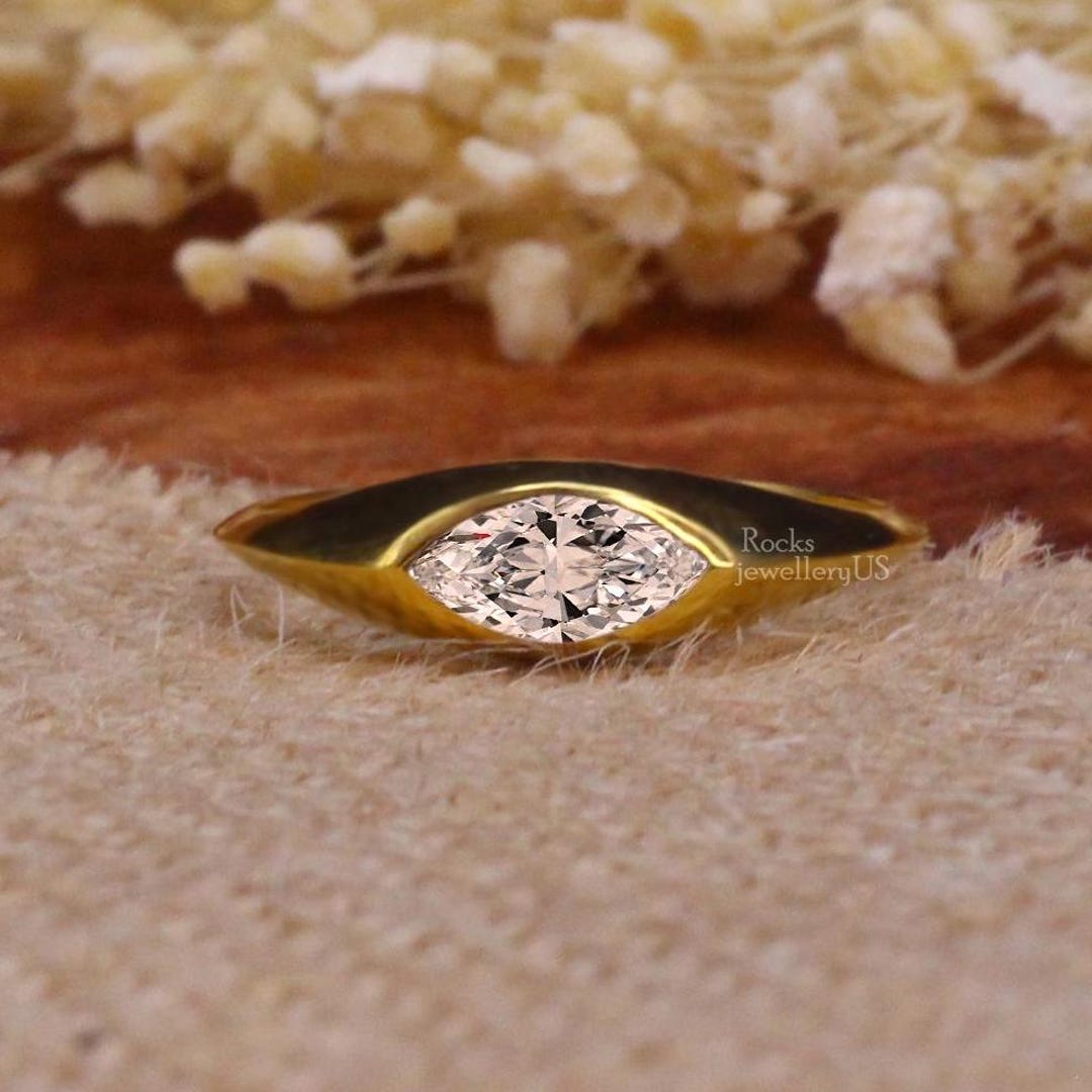 Marquise Signet Ring / Solid Gold Minimalist Ring / Unique Flush Set ...