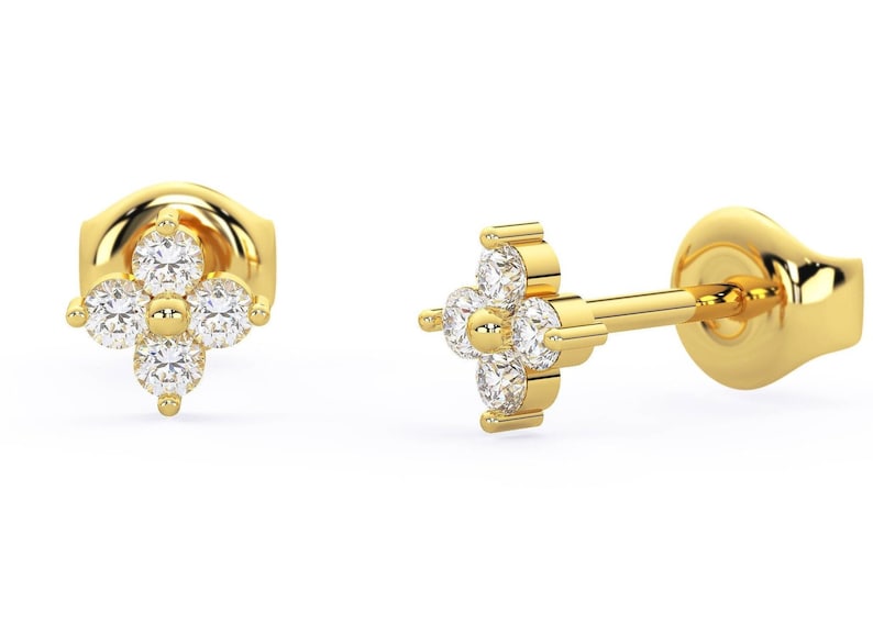 Diamond Flower Studs / 14k Gold and Moissanite Clover Stud Earrings / Diamond Studs Earrings ...