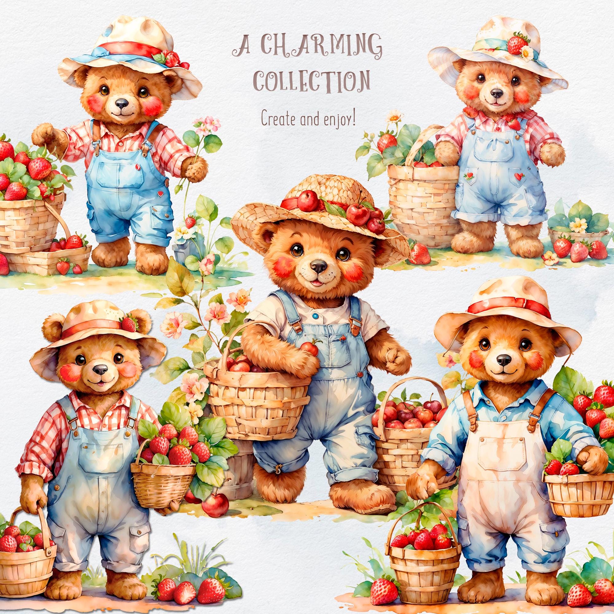 Watercolor Teddy Bear Summer Garden Clipart | Cute Teddy Bear With ...