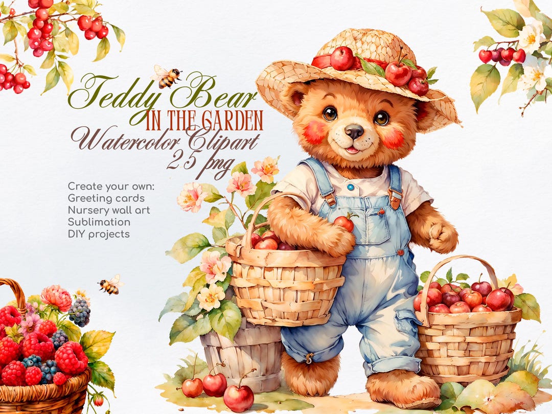 Teddy Bear Summer Garden Watercolor Clipart | Cute Bear With Berries ...