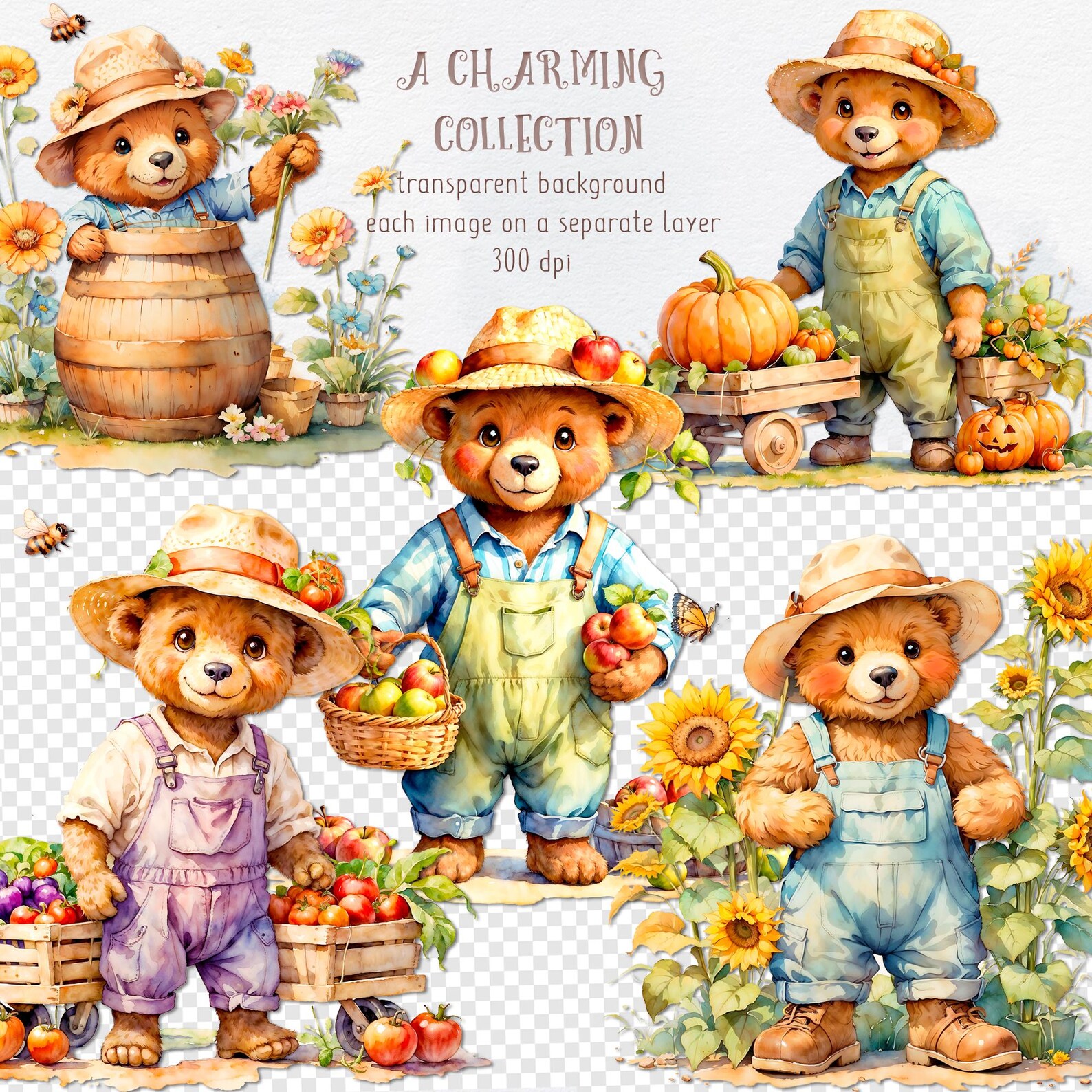 Teddy Bear Harvest Watercolor Clipart | Fall, Thanksgiving, Pumpkin ...