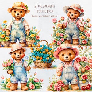 Teddy Bear With Flowers Watercolor Clipart | Cute Floral Art, Spring ...