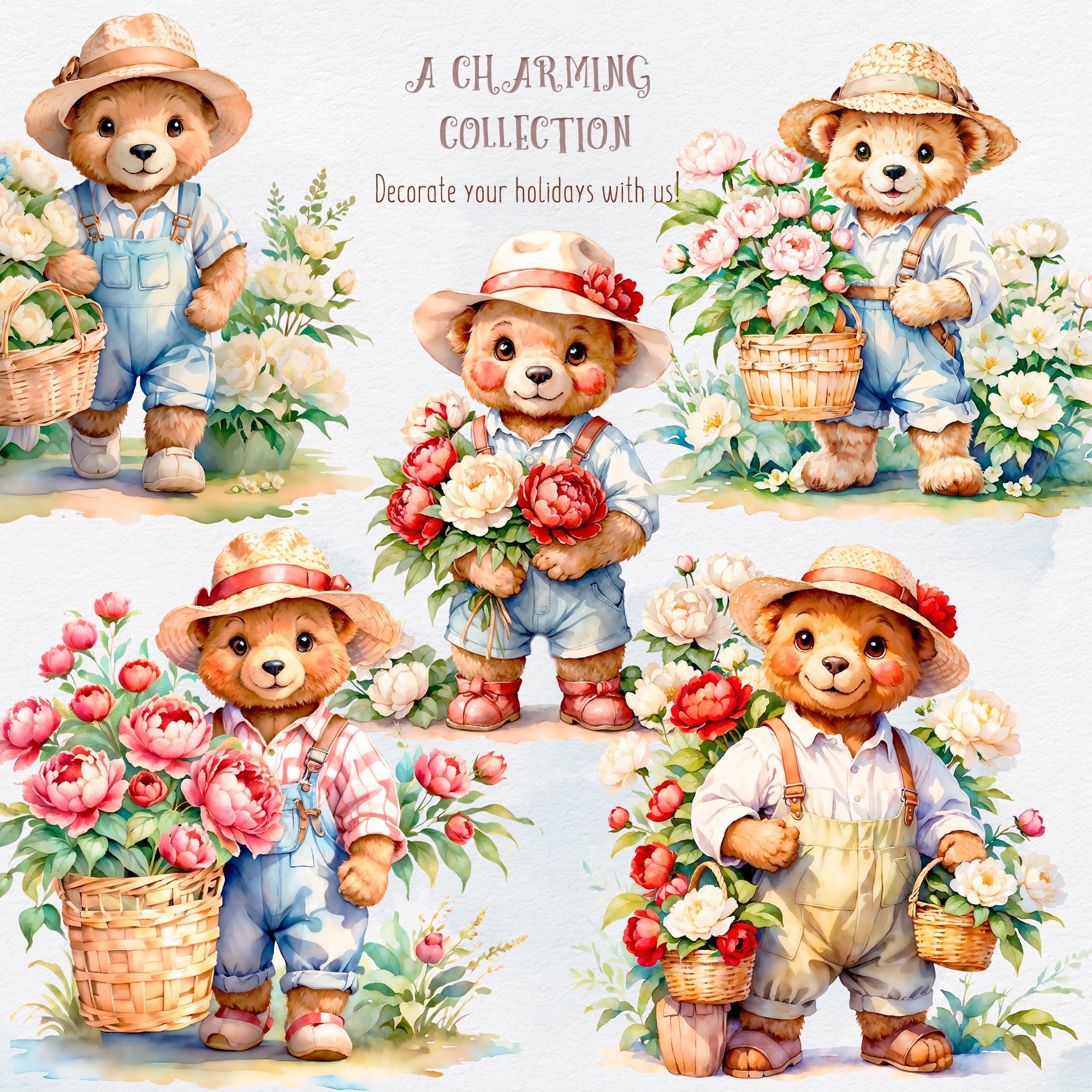 Teddy Bear With Peonies Watercolor Clipart | Cute Bear & Floral Designs ...
