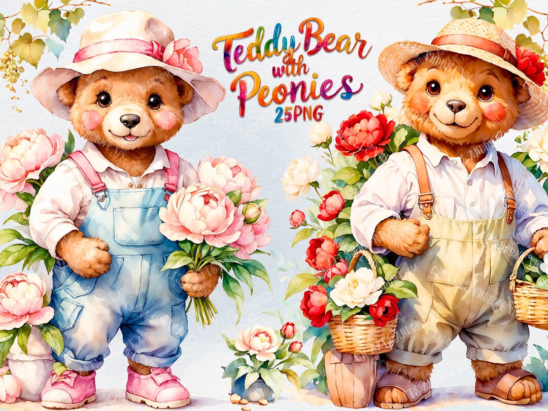 Teddy Bear With Peonies Watercolor Clipart | Cute Bear & Floral Designs ...