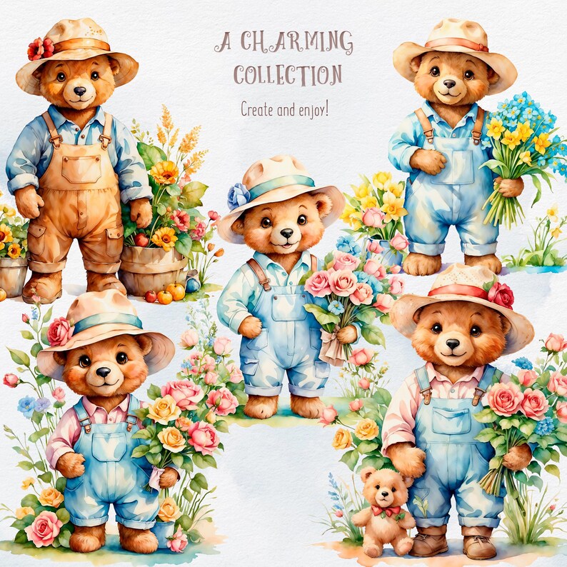 Teddy Bear With Flowers Watercolor Clipart | Cute Floral Art, Spring ...