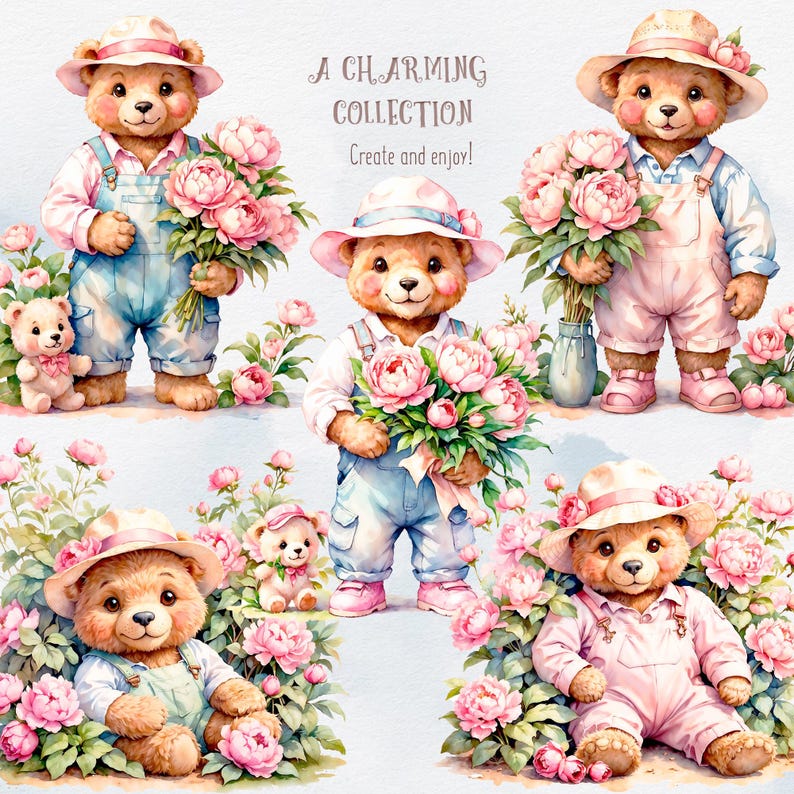 Teddy Bear With Peonies Watercolor Clipart Cute Bear & Floral Designs ...