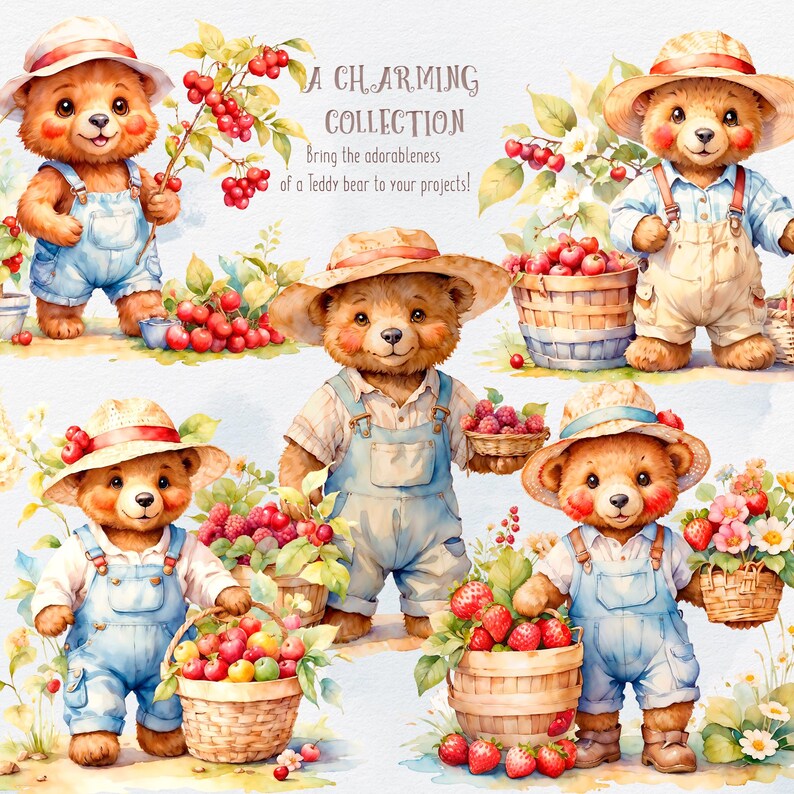 Watercolor Teddy Bear Summer Garden Clipart | Cute Teddy Bear With ...