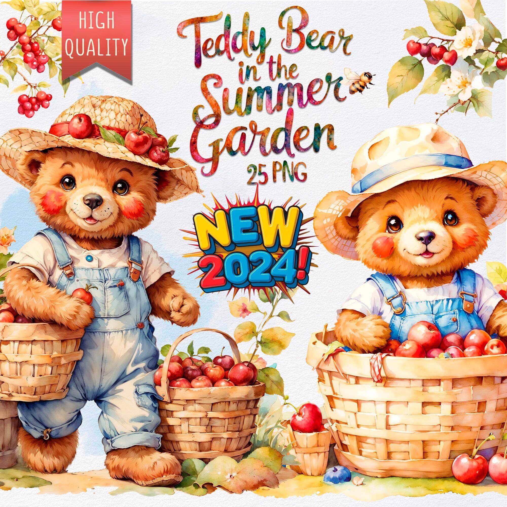 Watercolor Teddy Bear Summer Garden Clipart Cute Teddy Bear With ...