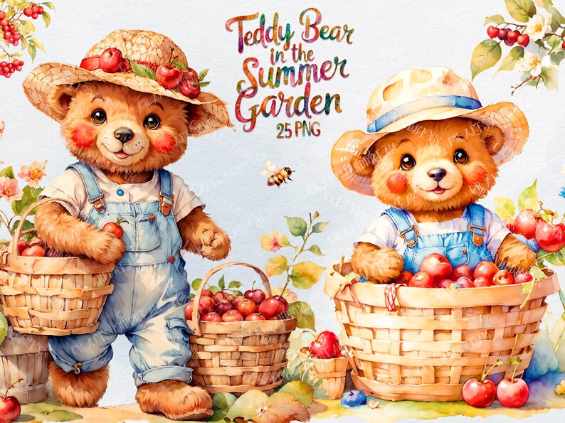Watercolor Teddy Bear Summer Garden Clipart | Cute Teddy Bear With ...