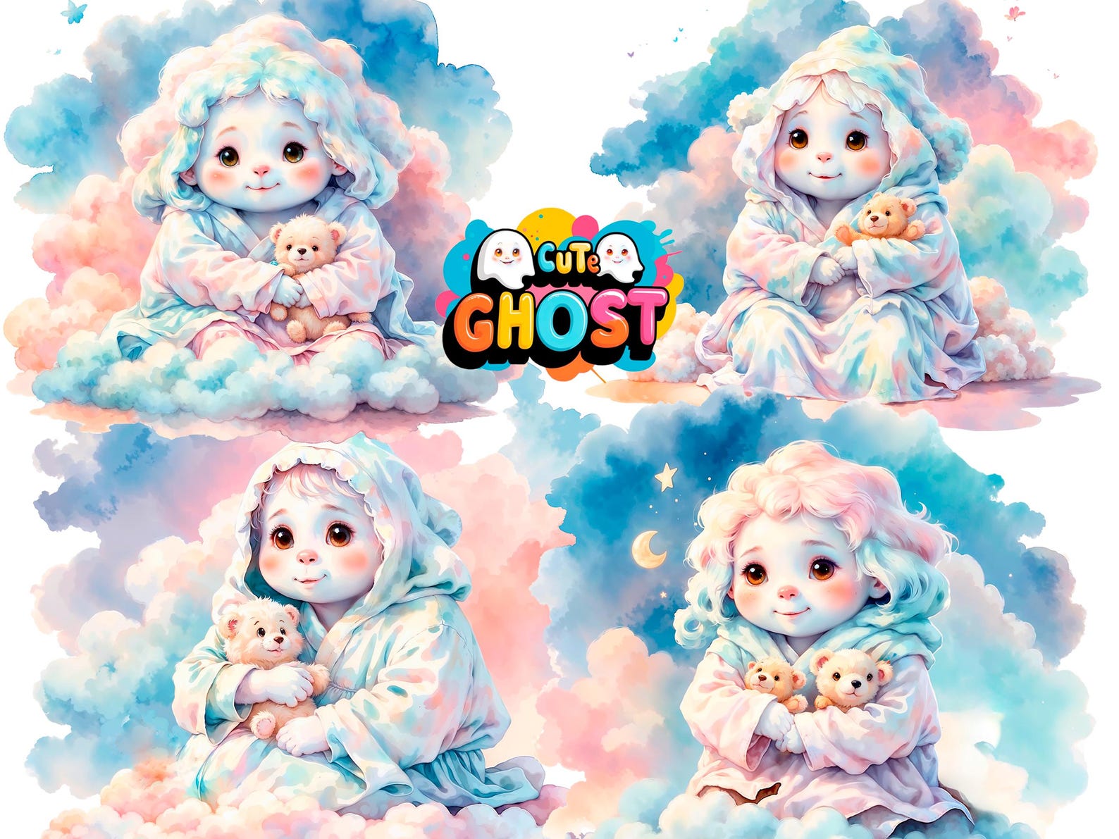 Cute Ghosts Watercolor Clipart | Halloween PNG | Kawaii Ghosts ...