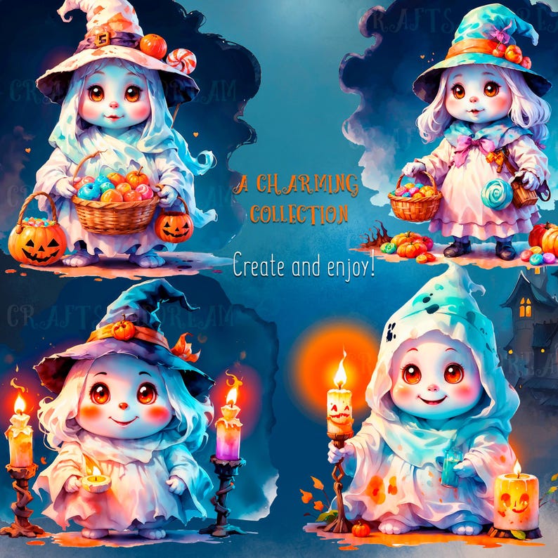 Cute Ghosts Watercolor Clipart | Halloween, Scrapbooking, Kids Art ...
