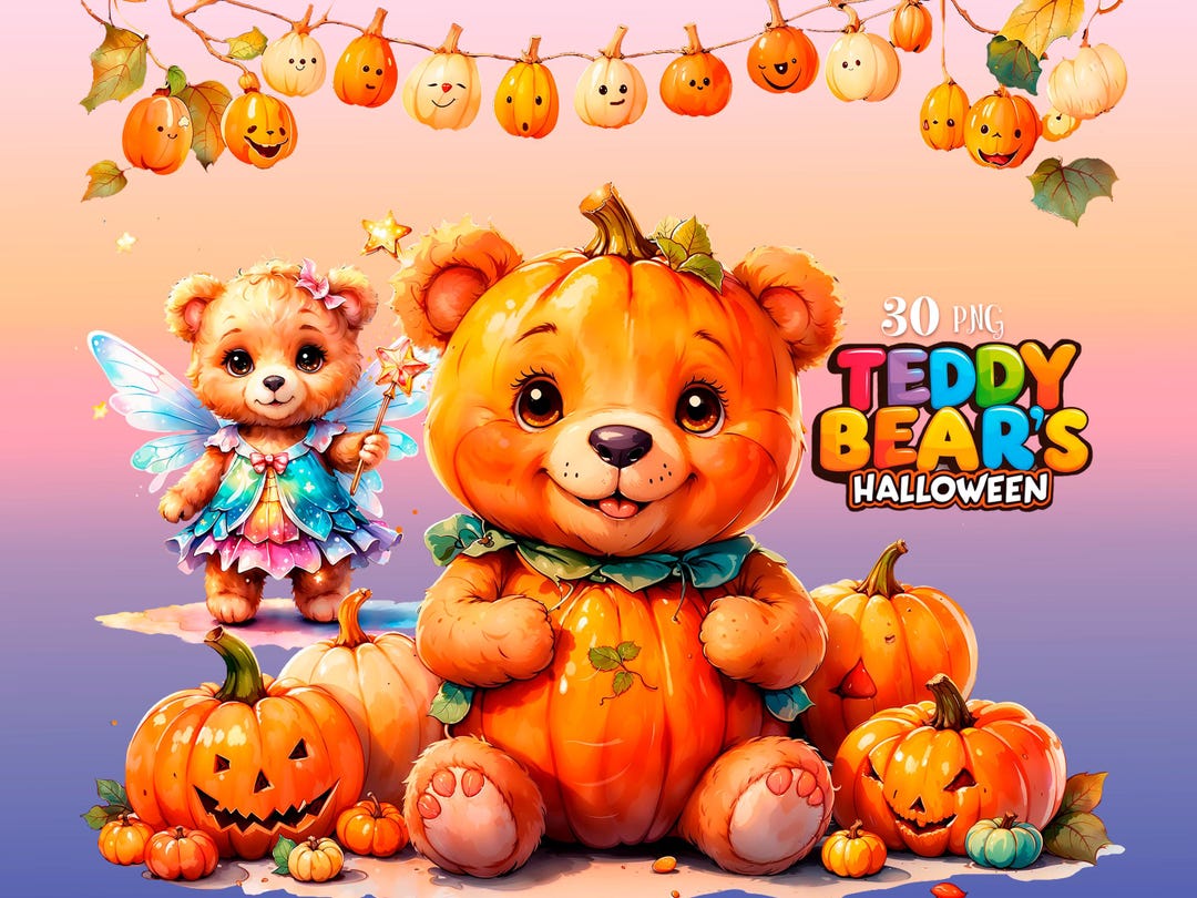 Halloween Teddy Bear Clipart | Cute Watercolor Bears, Pumpkin, Trick or ...