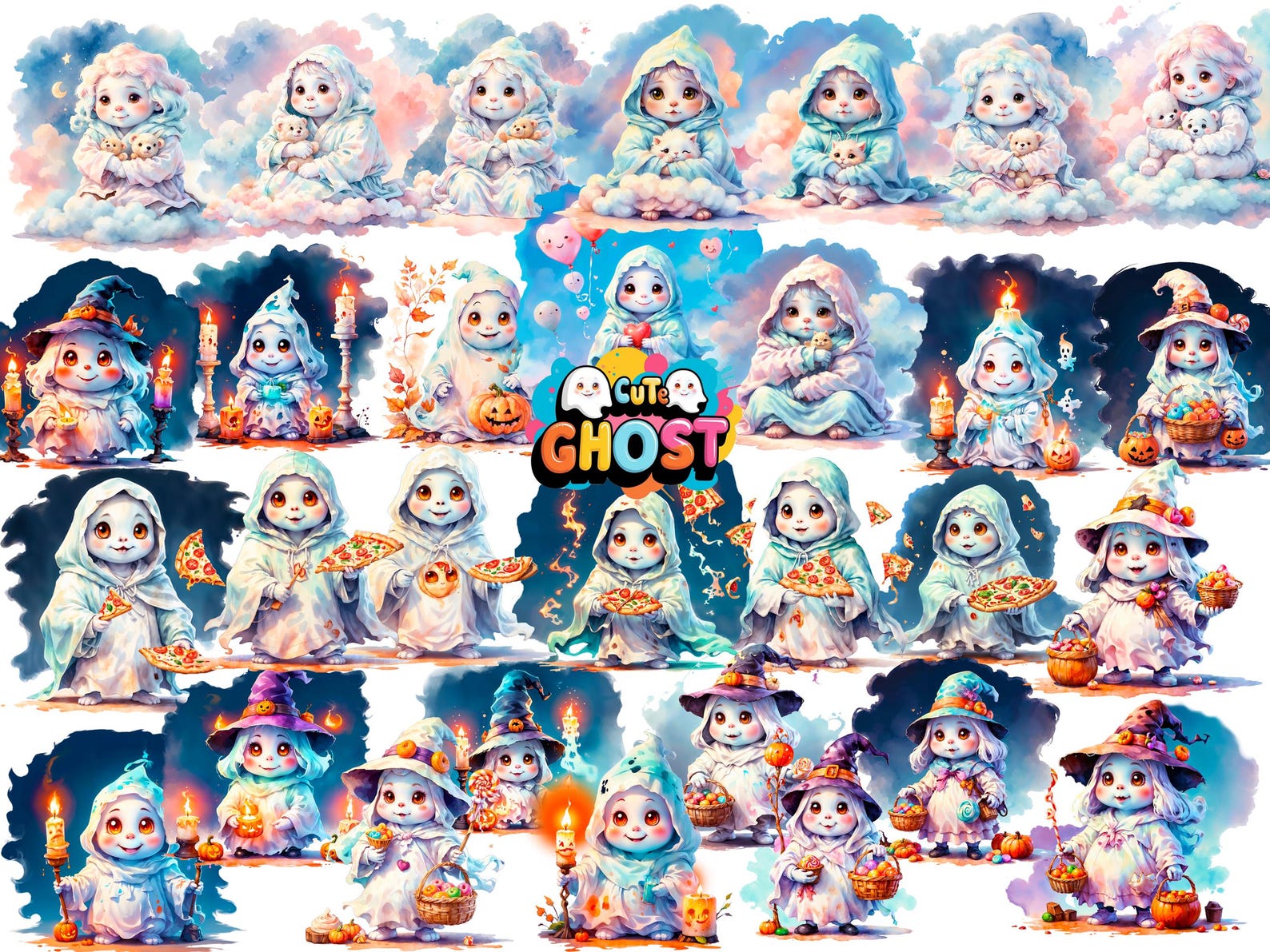 Cute Ghosts Watercolor Clipart | Halloween PNG | Kawaii Ghosts ...