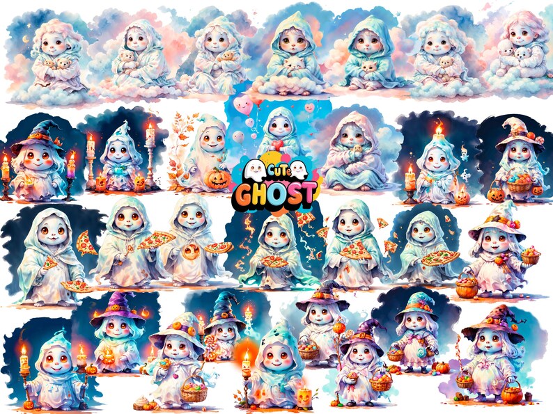 Cute Ghosts Watercolor Clipart | Halloween PNG | Kawaii Ghosts ...