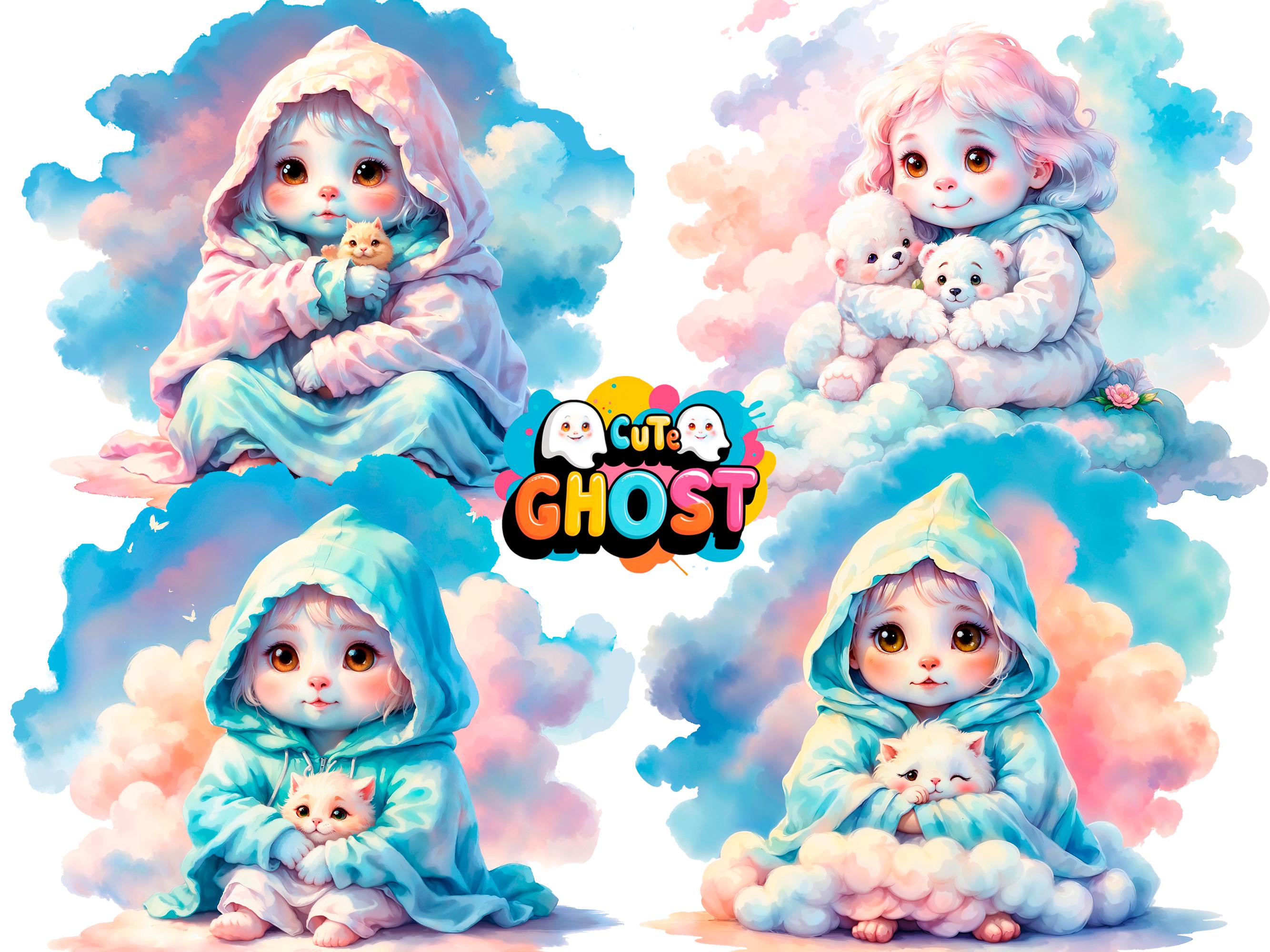 Cute Ghosts Watercolor Clipart | Halloween PNG | Kawaii Ghosts ...