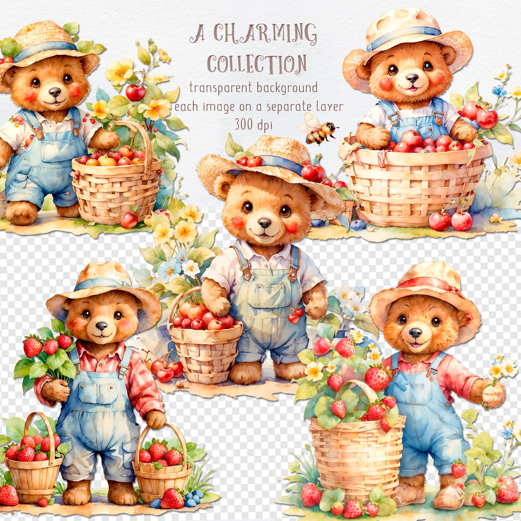 Watercolor Teddy Bear Summer Garden Clipart | Cute Teddy Bear With ...