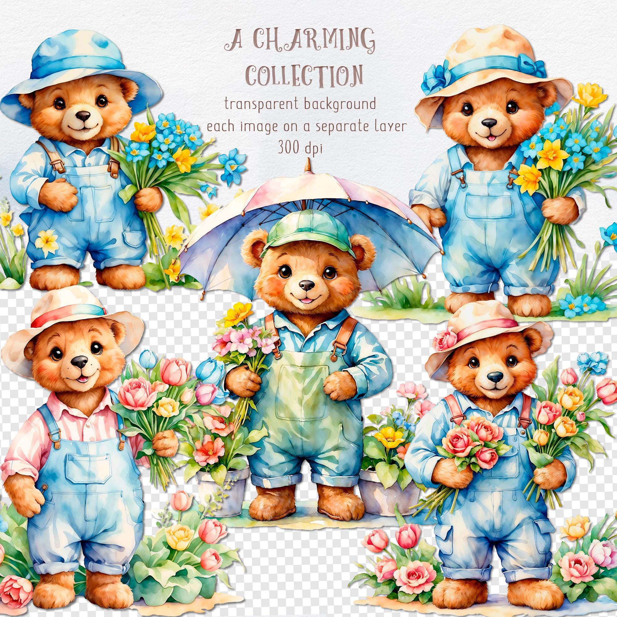 Teddy Bear With Flowers Watercolor Clipart Cute Floral Art, Spring ...
