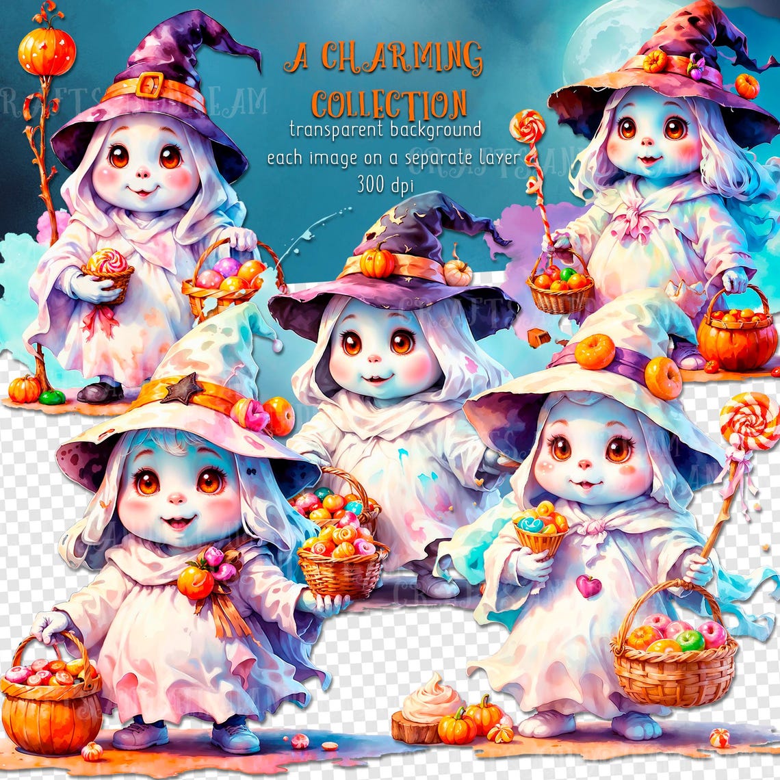 Cute Ghosts Watercolor Clipart | Halloween, Scrapbooking, Kids Art ...
