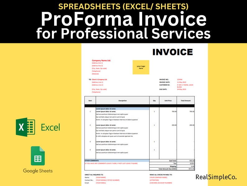 Proforma Invoice Template: Professional Services (excel, Google Sheets ...
