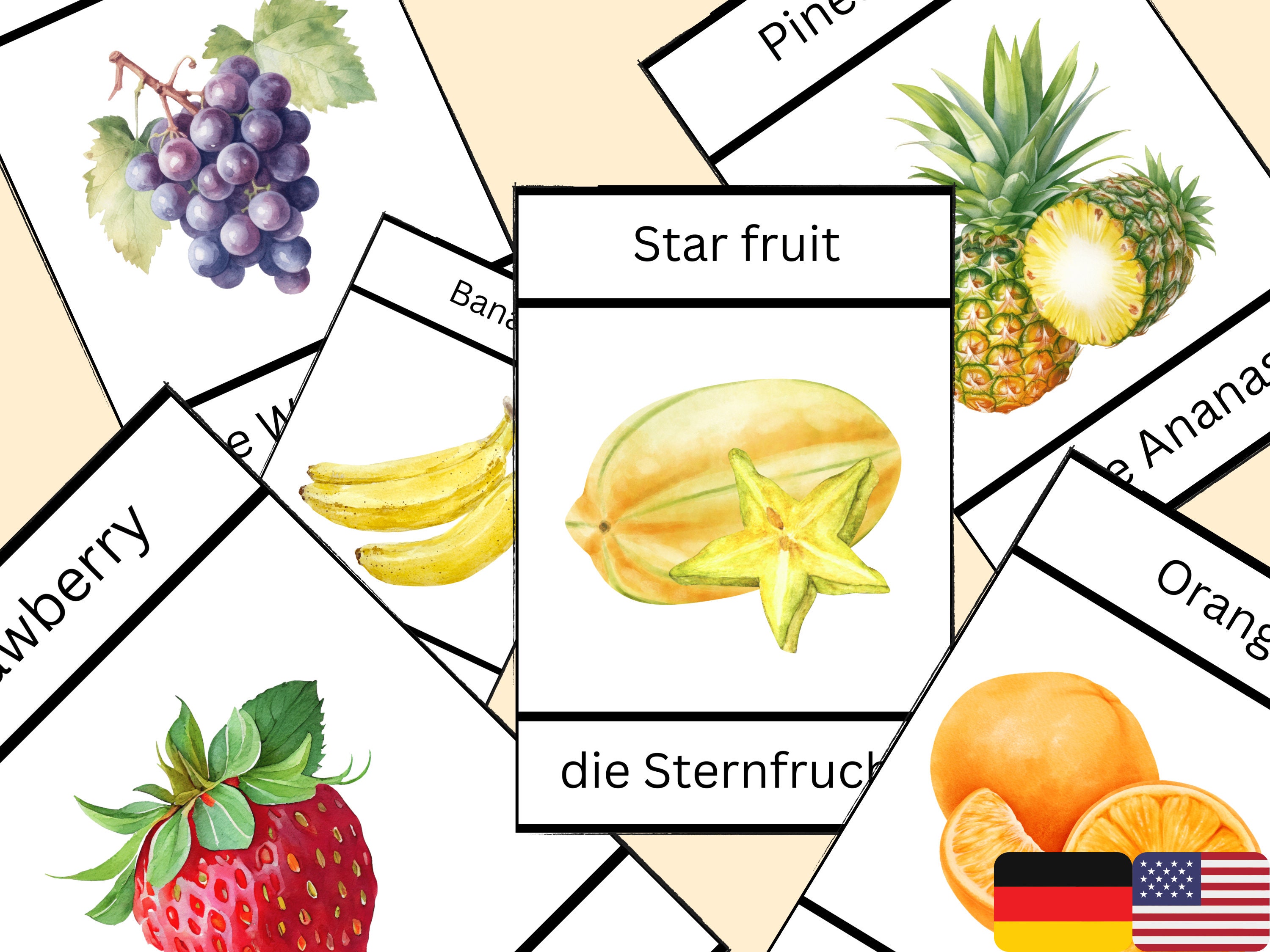 Fruits Flash Cards in German & English Bilingual | 29 Montessori Cards ...