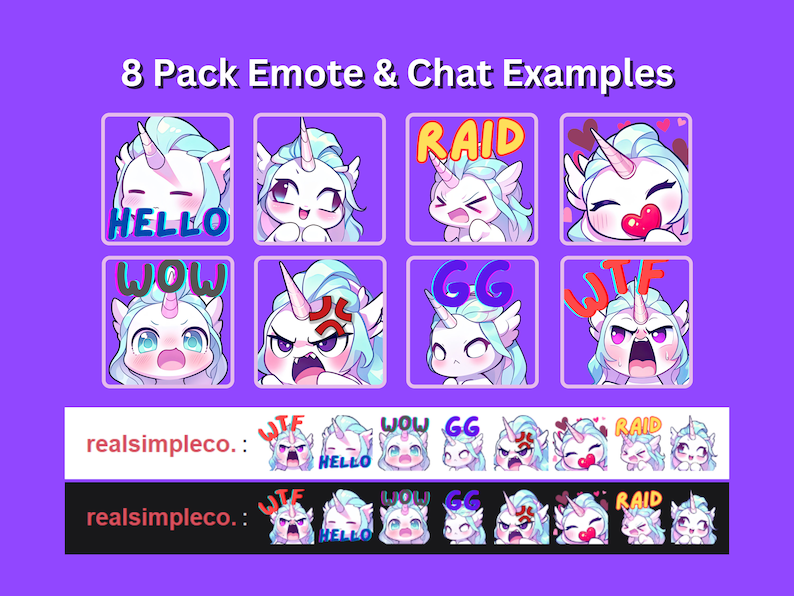 Chibi Unicorn Twitch Emotes | 8 Pack | Unicorn Drawn in Chibi Style ...