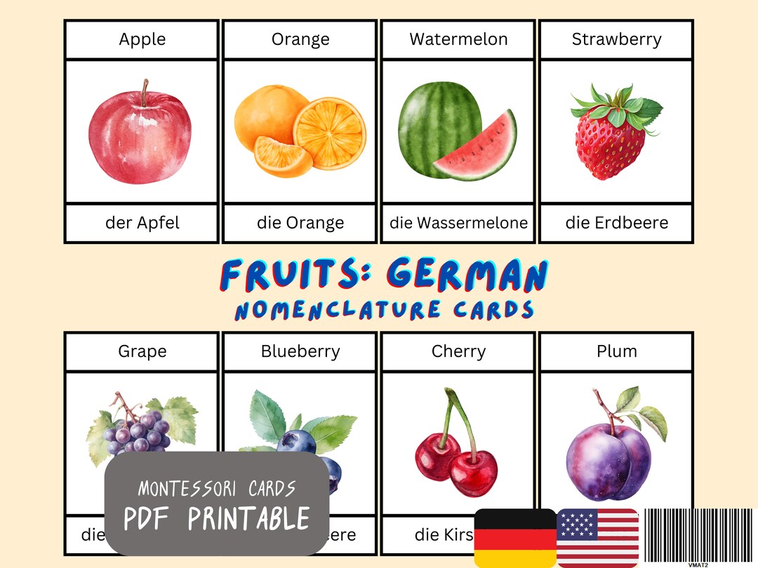 Fruits Flash Cards in German & English Bilingual | 29 Montessori Cards ...