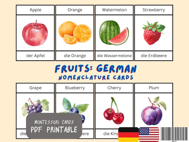 Fruits Flash Cards in German & English Bilingual | 29 Montessori Cards ...