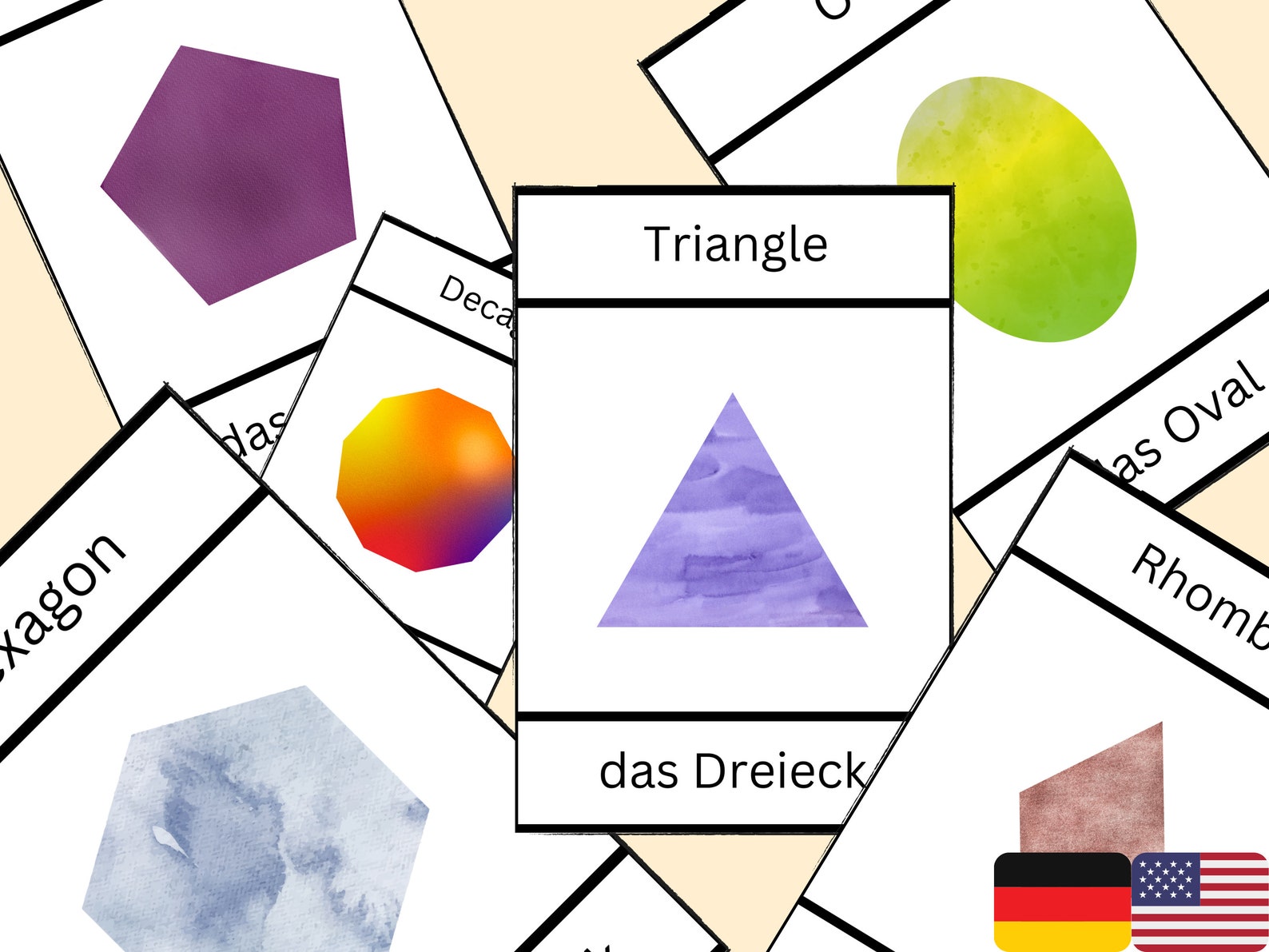 Shapes Flash Cards in German & English Bilingual | 17 Montessori Cards ...