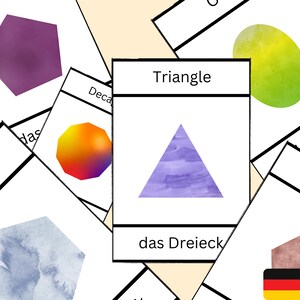 Shapes Flash Cards in German & English Bilingual | 17 Montessori Cards ...