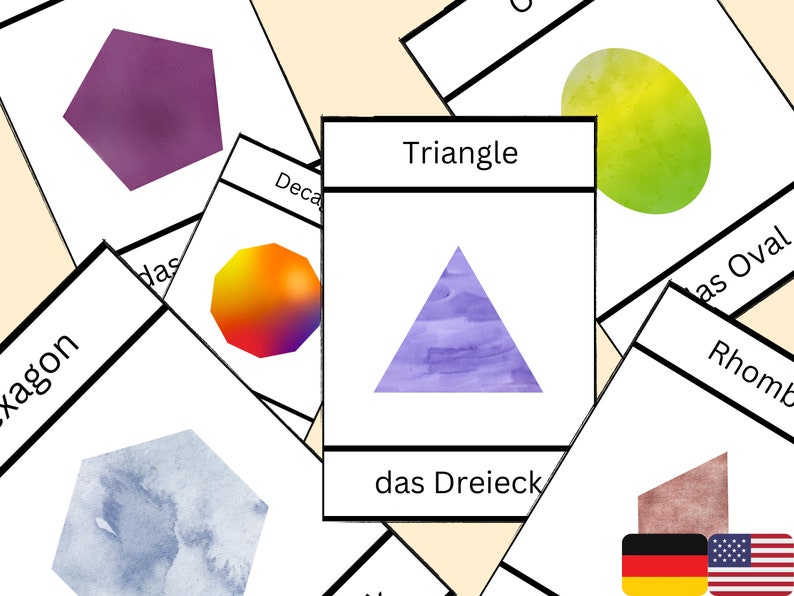 Shapes Flash Cards in German & English Bilingual | 17 Montessori Cards ...