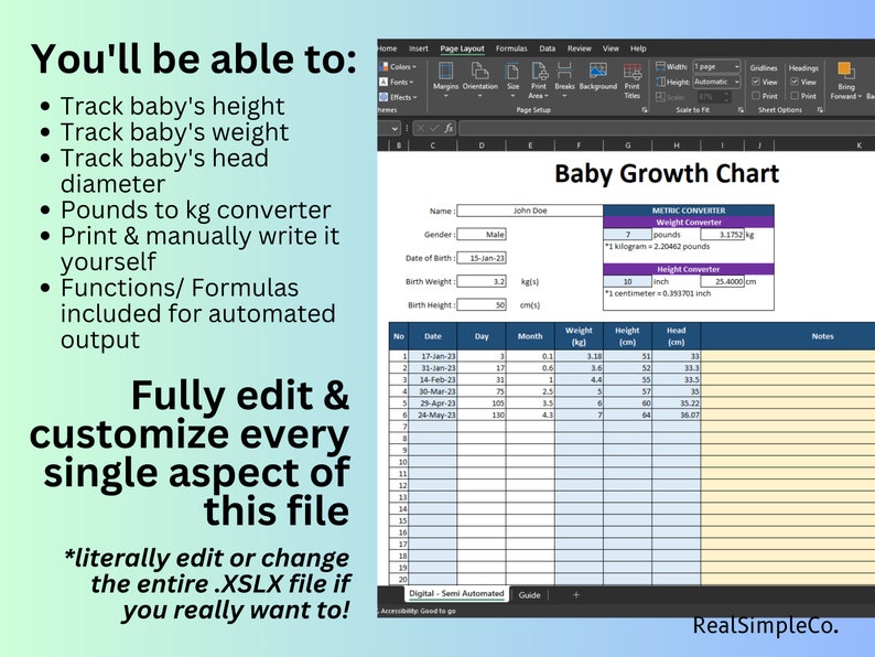 Baby Growth Chart Log Spreadsheet Printable Template | Track Your Baby ...