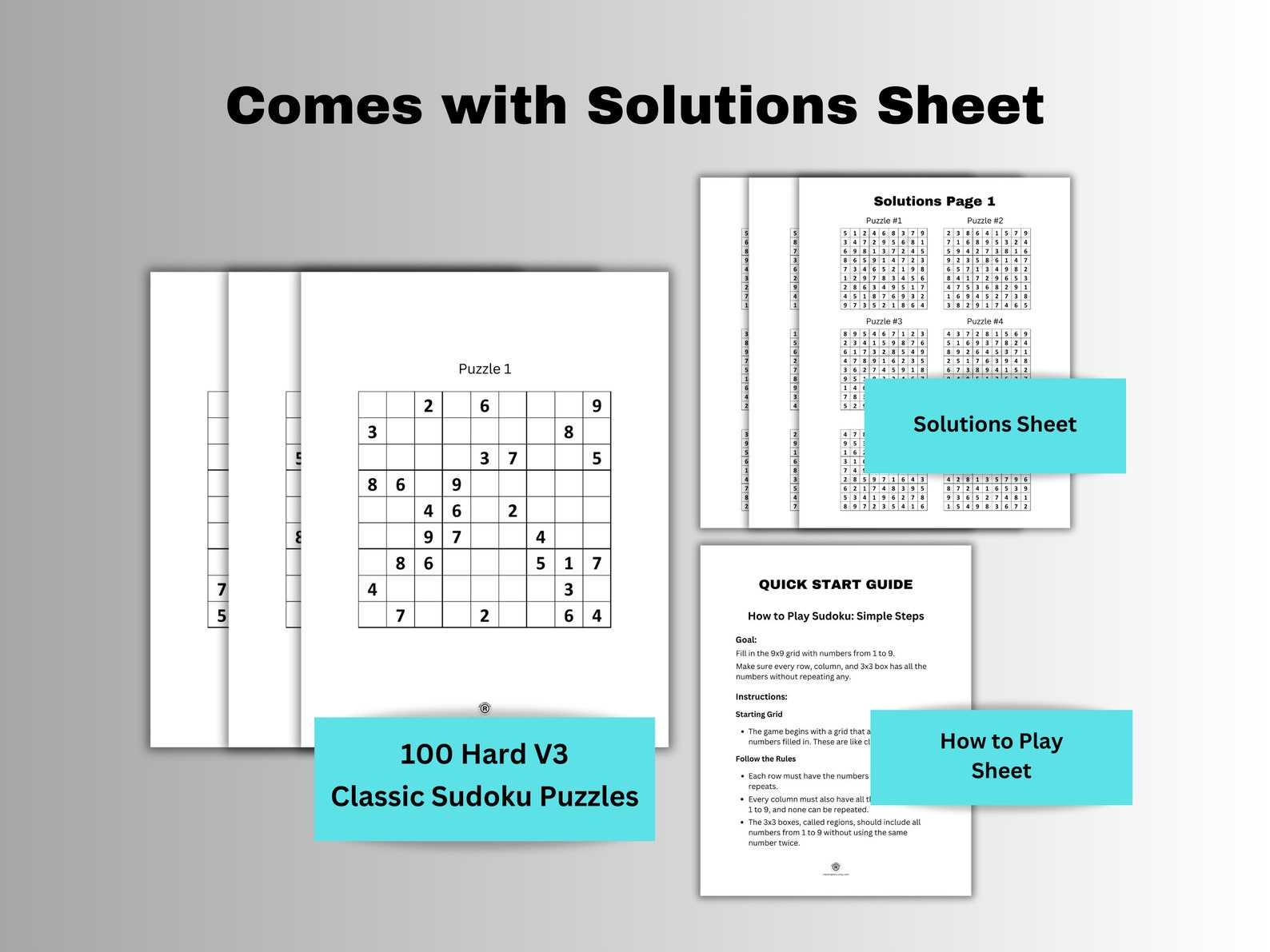 Classic Sudoku Puzzles V3 Printable | 100 Puzzles PDF Hard 9X9 Classic ...