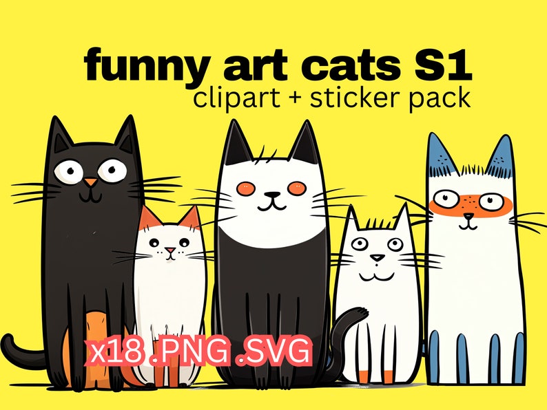 18 PNG SVG Funny Art Cats Clipart + Sticker Pack | Funny Cat SVG ...