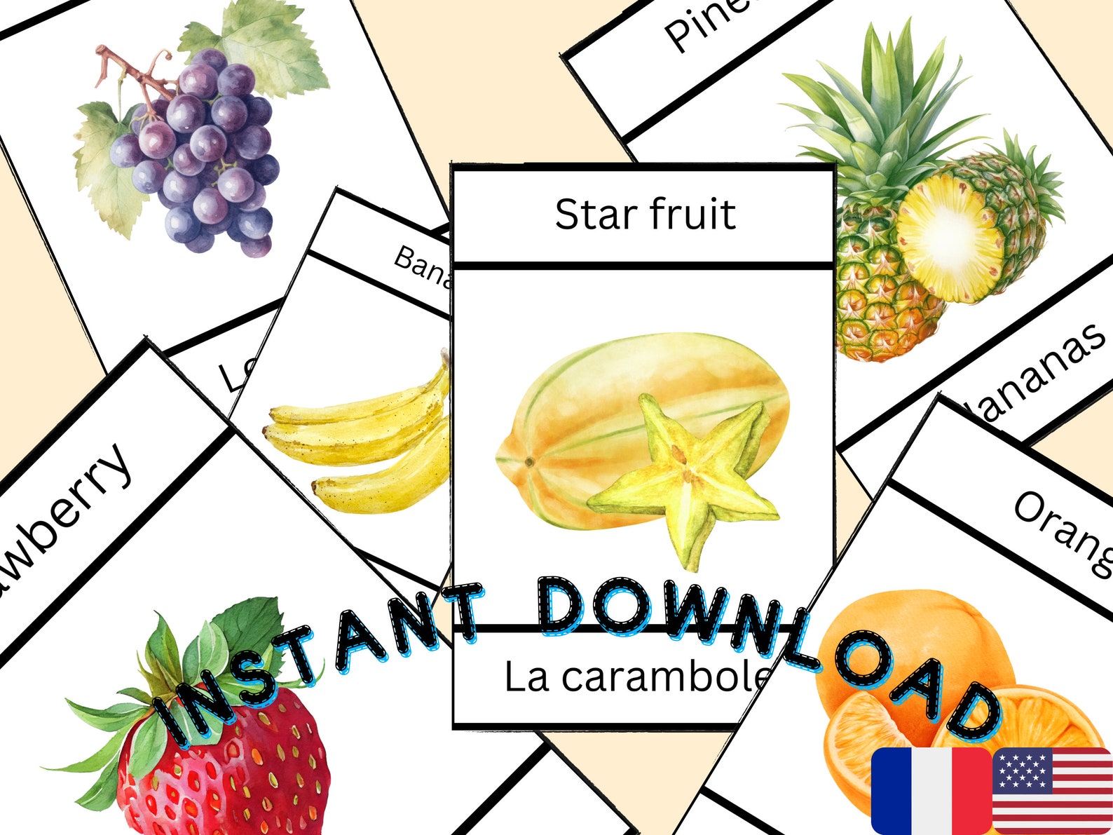 Fruits Flash Cards in French & English Bilingual | 29 Montessori Cards ...