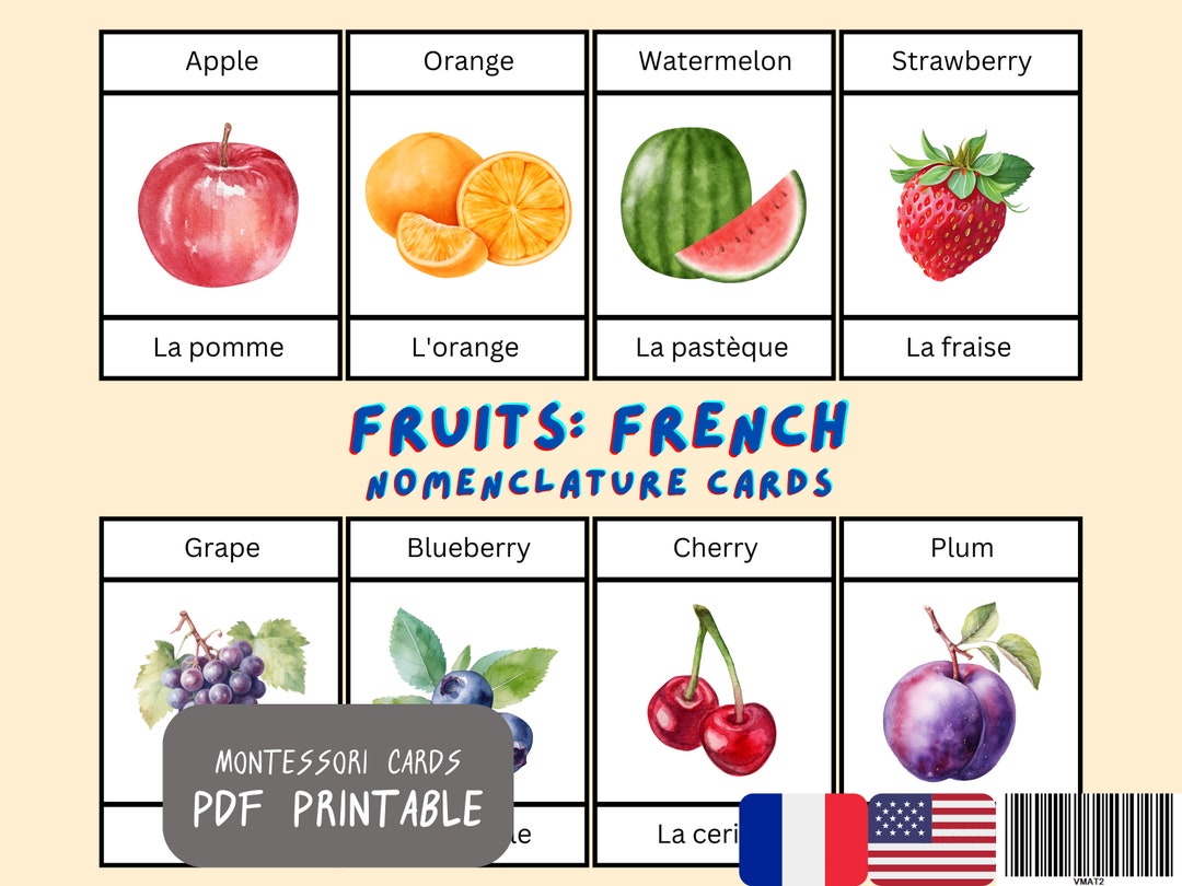 Fruits Flash Cards in French & English Bilingual | 29 Montessori Cards ...