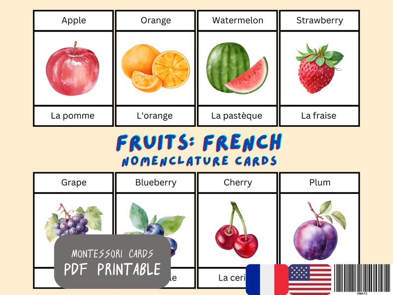 Fruits Flash Cards in French & English Bilingual | 29 Montessori Cards ...
