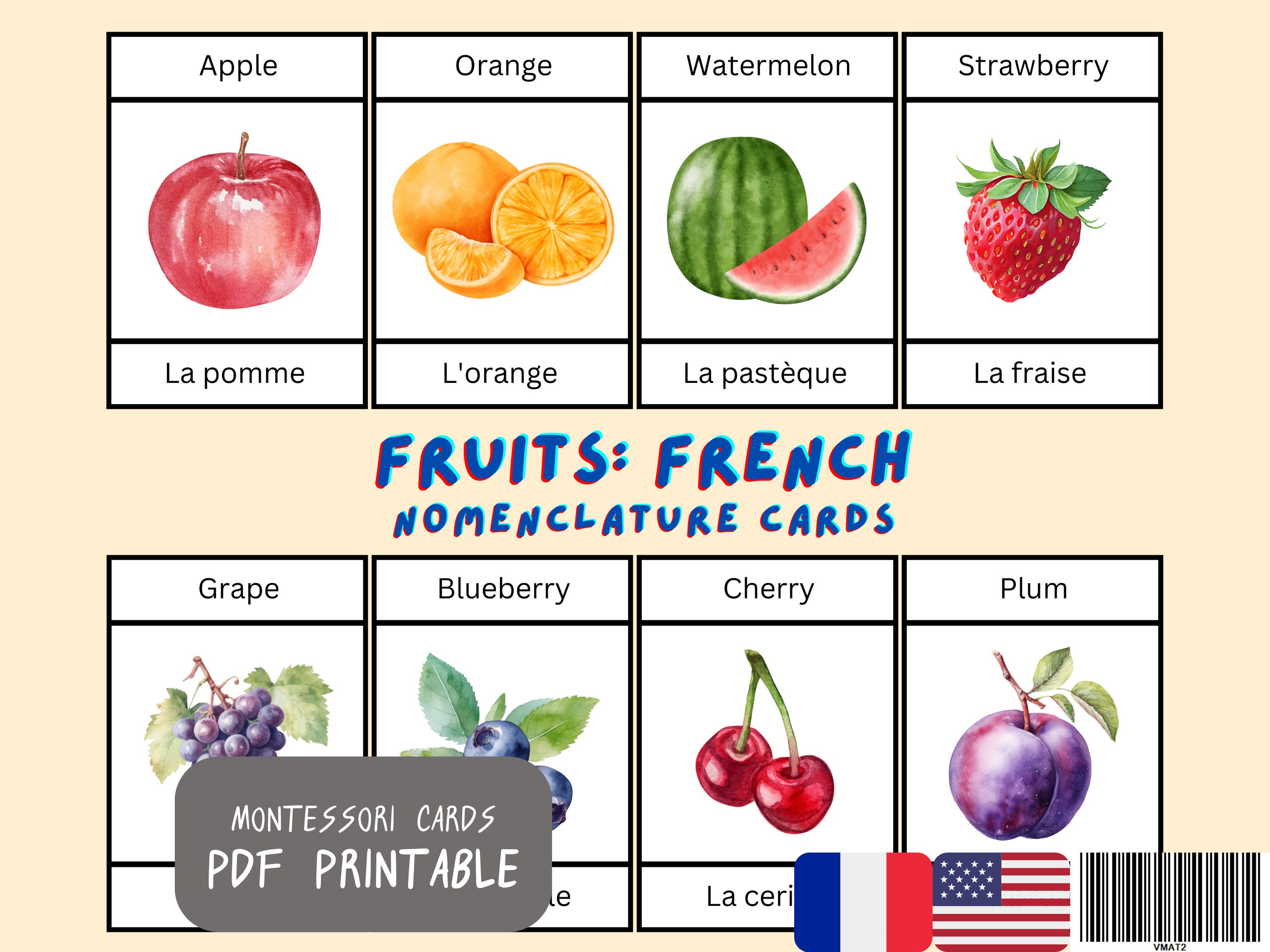 Fruits Flash Cards in French & English Bilingual | 29 Montessori Cards ...