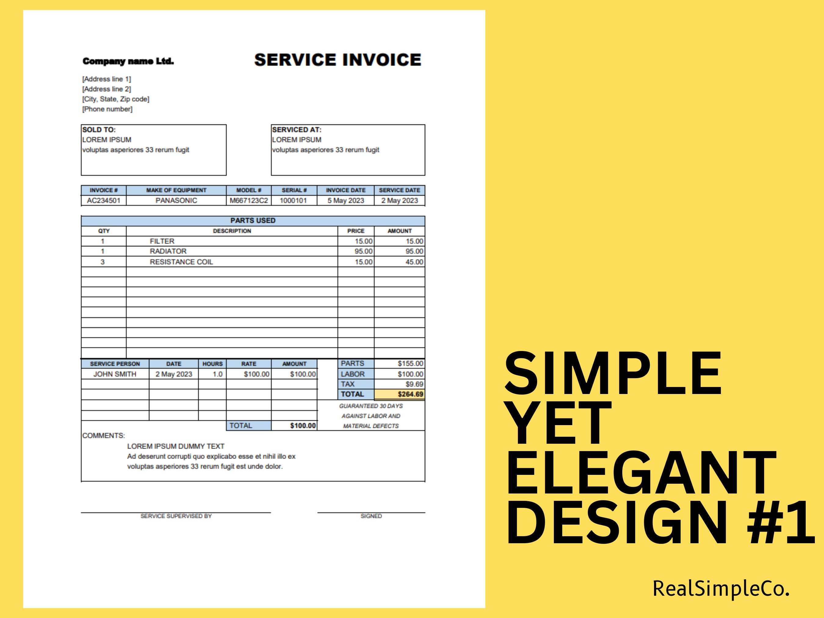 Service Invoice Template: Excel & Google Sheets (digital Download) - Etsy