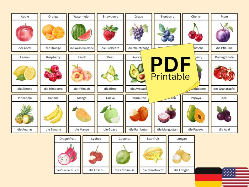 Fruits Flash Cards in German & English Bilingual | 29 Montessori Cards ...