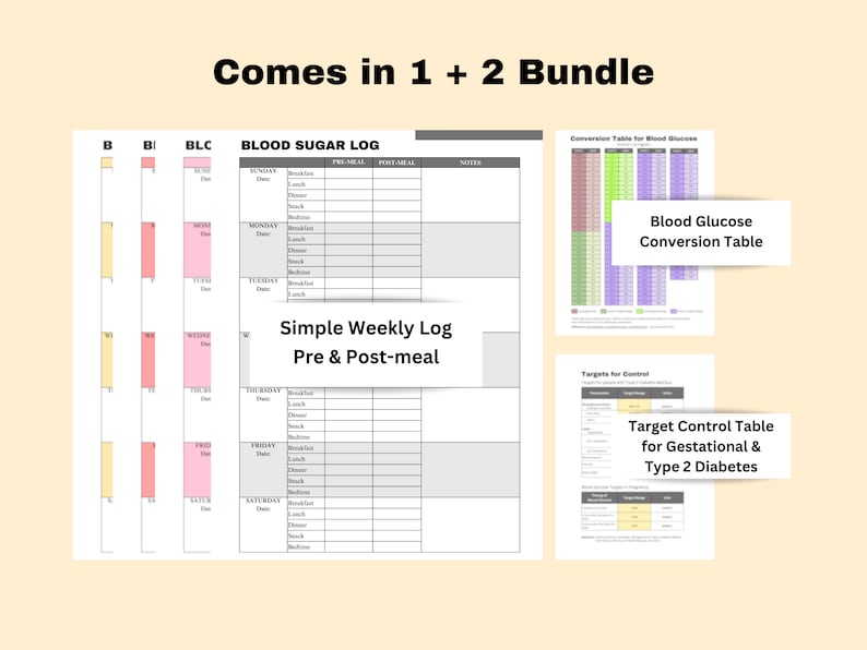 Blood Sugar Log Printable Bundle | Blood Glucose Conversion & Target ...