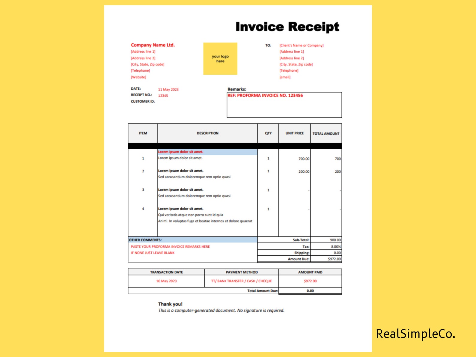 Invoice Receipt Template for Professional Services | Receipt Template ...