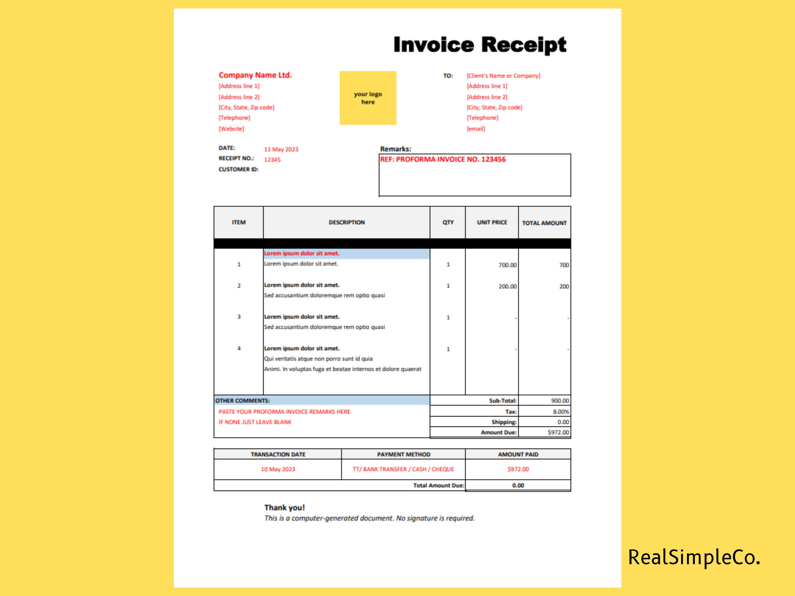 Invoice Receipt Template for Professional Services | Receipt Template ...