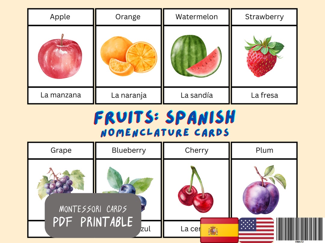 Fruits Flash Cards in Spanish & English Bilingual | 29 Montessori Cards ...