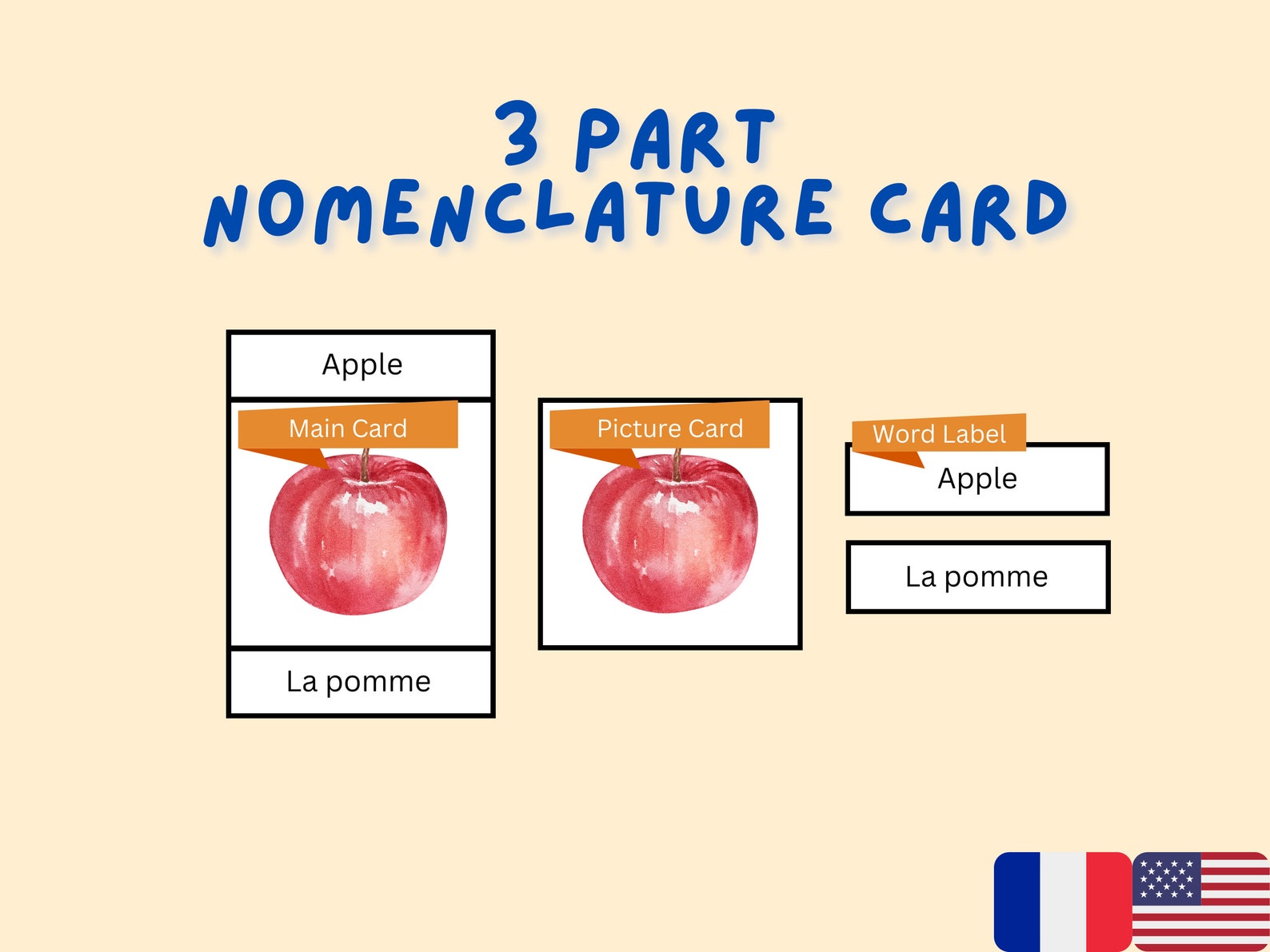 Fruits Flash Cards in French & English Bilingual | 29 Montessori Cards ...