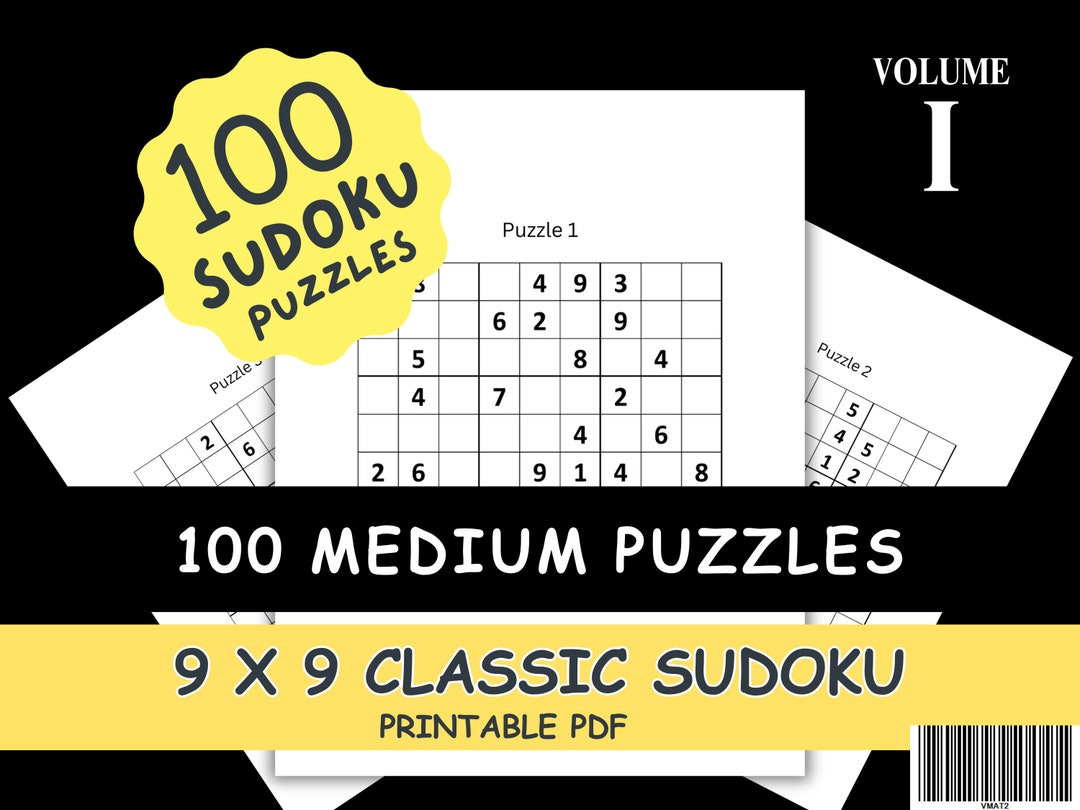 Classic Sudoku Puzzles V1 Printable | 100 Puzzles PDF Medium 9X9 ...